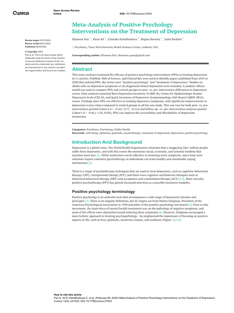 Meta-Analysis of Positive Psychology Interventions On The Treatment of Depression | PDF ...
