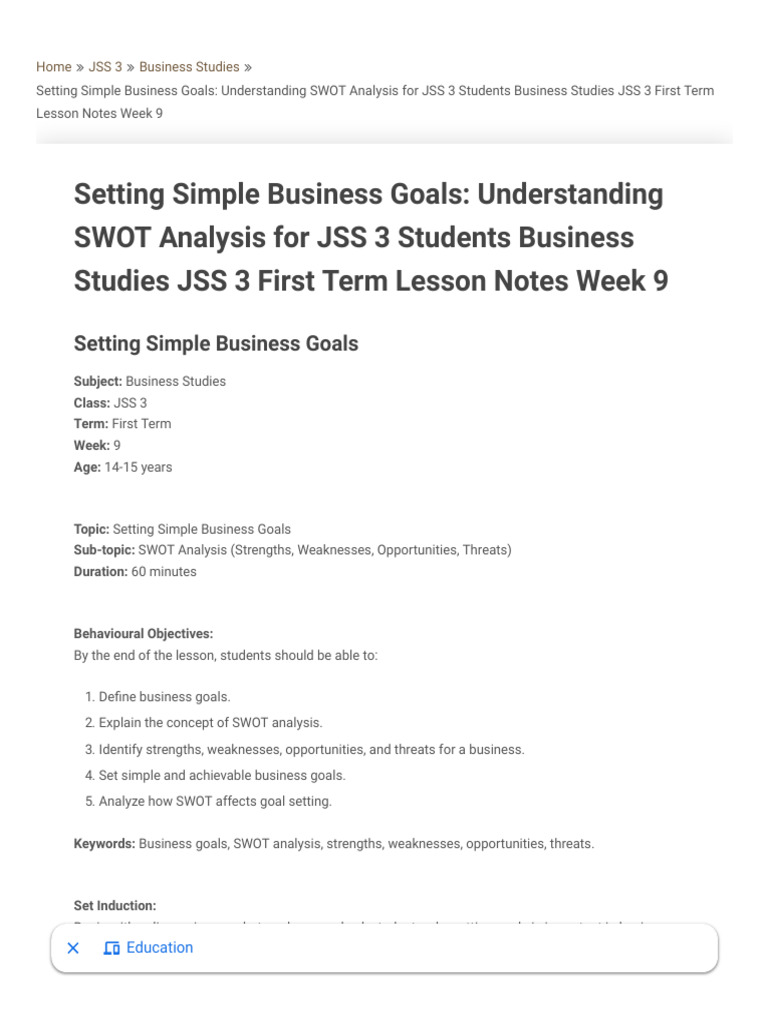 How To Set Simple Business Goals Using SWOT Analysis For JSS 3 | PDF ...