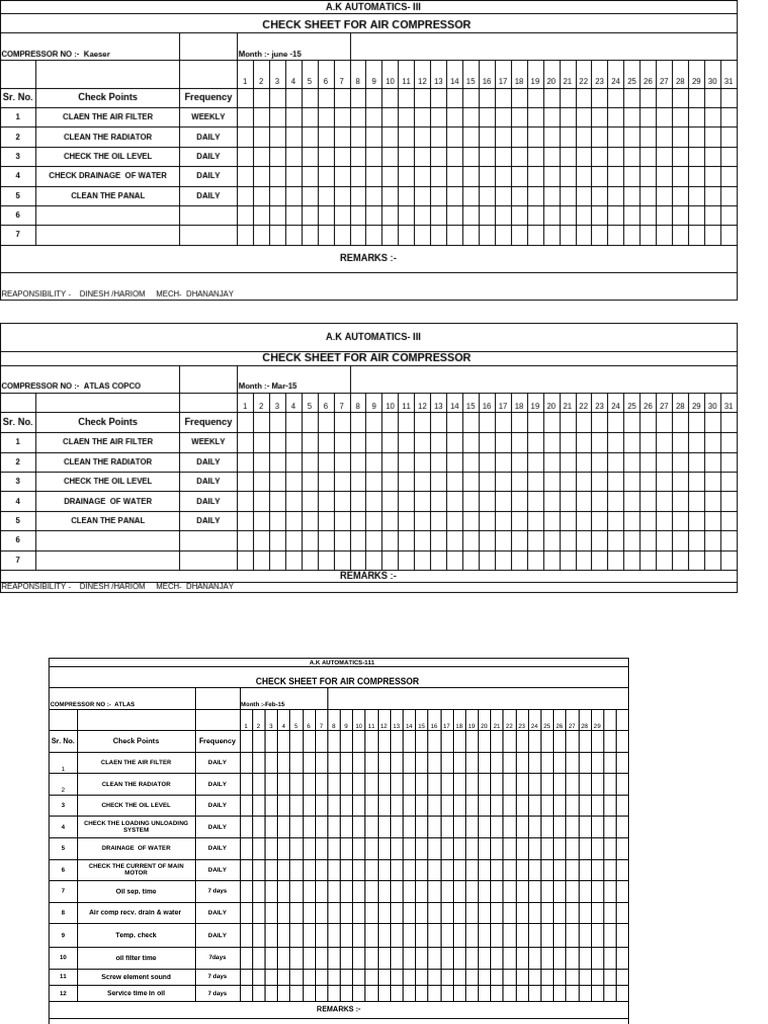 Compressor Check Sheet | PDF | Chemical Equipment | Gas Technologies