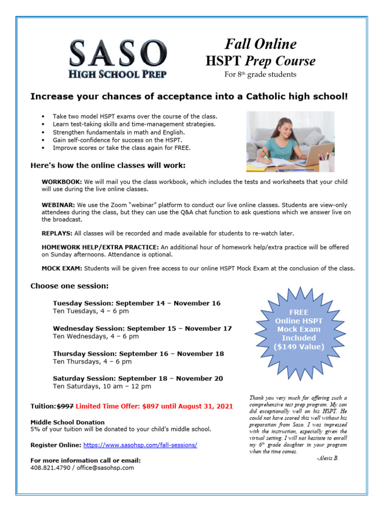 2021 Fall Online HSPT Prep Course Flier | PDF