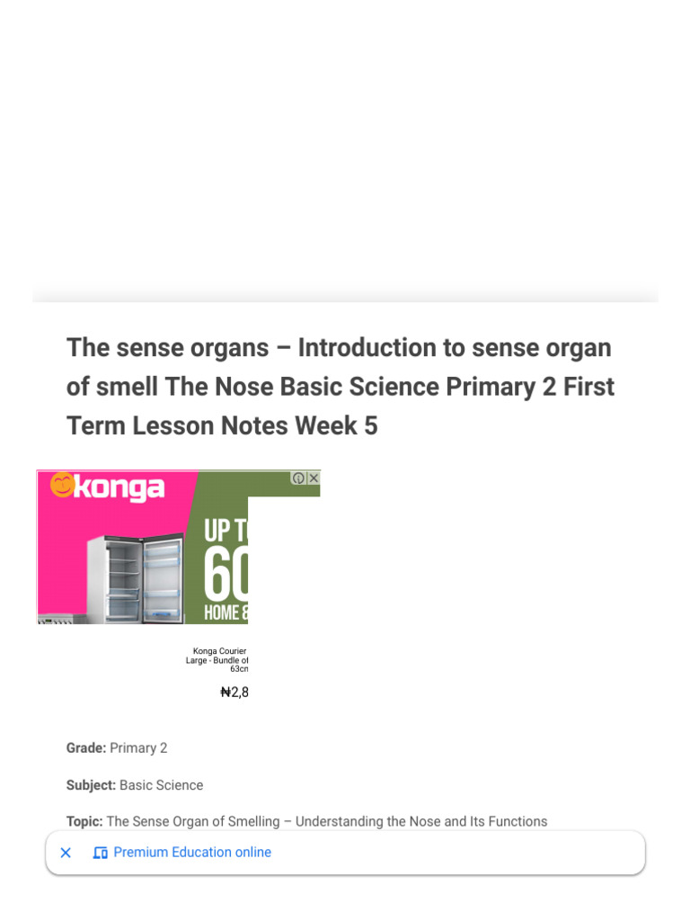 The Sense Organs - Introduction to Sense Organ of Smell the Nose Basic Science Primary 2 First ...