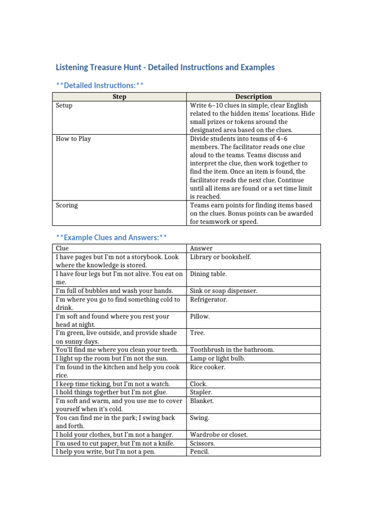 Listening Treasure Hunt Details and Examples | PDF
