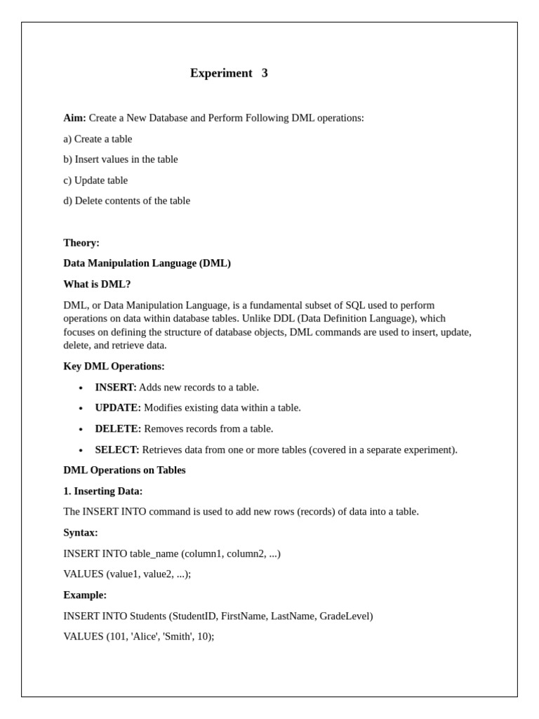 DML Operations: Create, Insert, Update, Delete | PDF