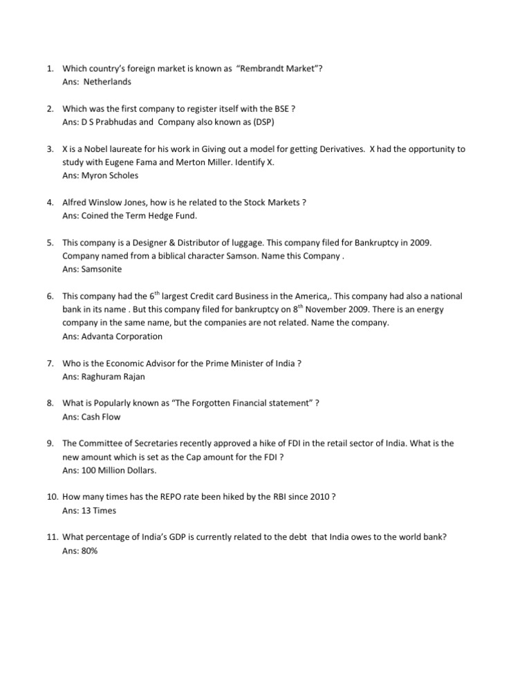 Finance Quiz Questions