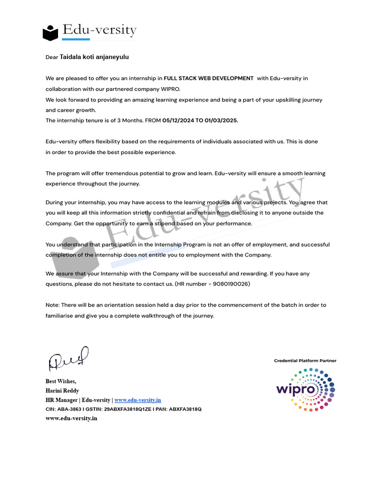 Full Stack Web Development Internship Offer | PDF
