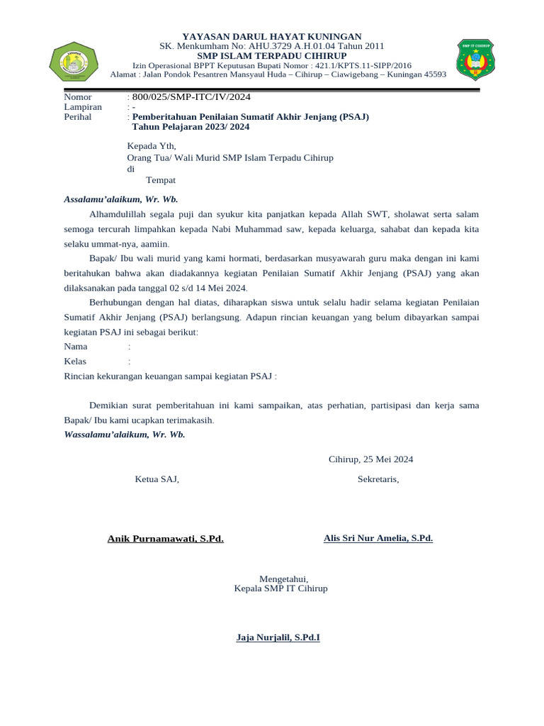 Surat Pemberitahuan PSAJ TA 2023 2024 | PDF