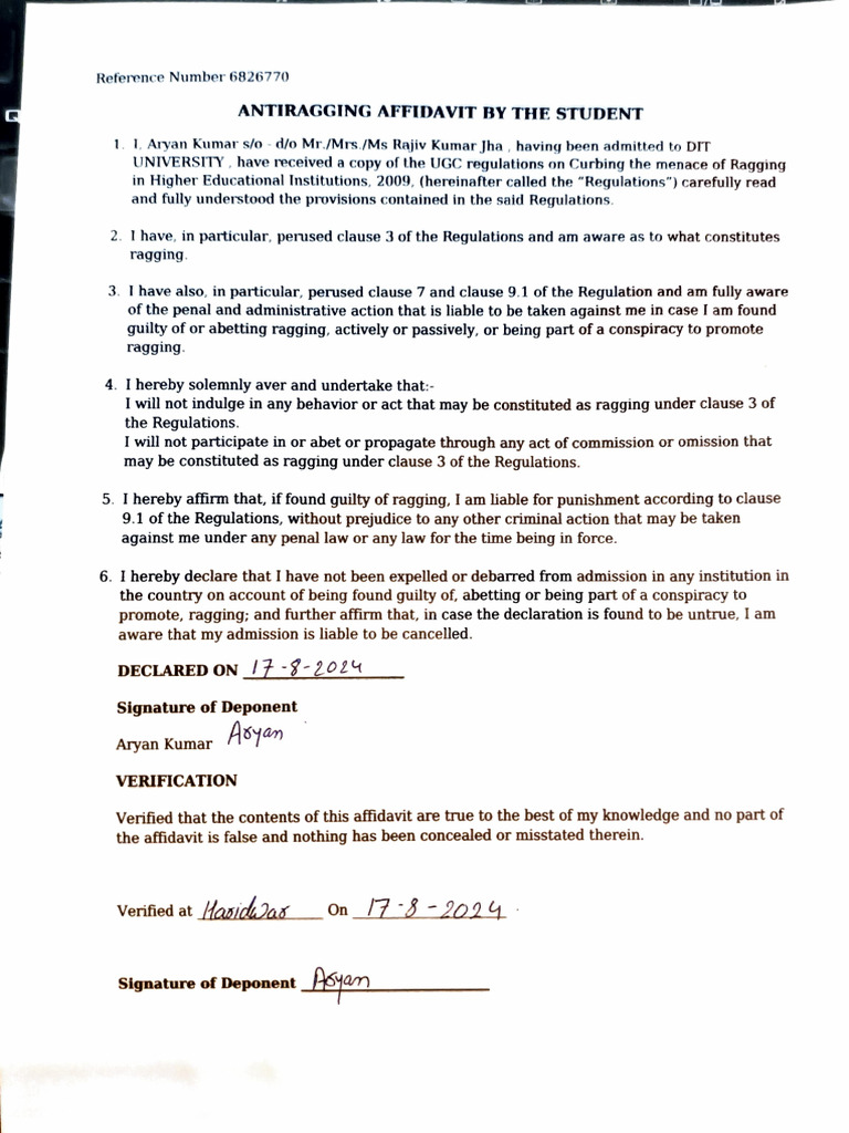 Antiragging Affidavit for DIT University | PDF | Affidavit | Justice