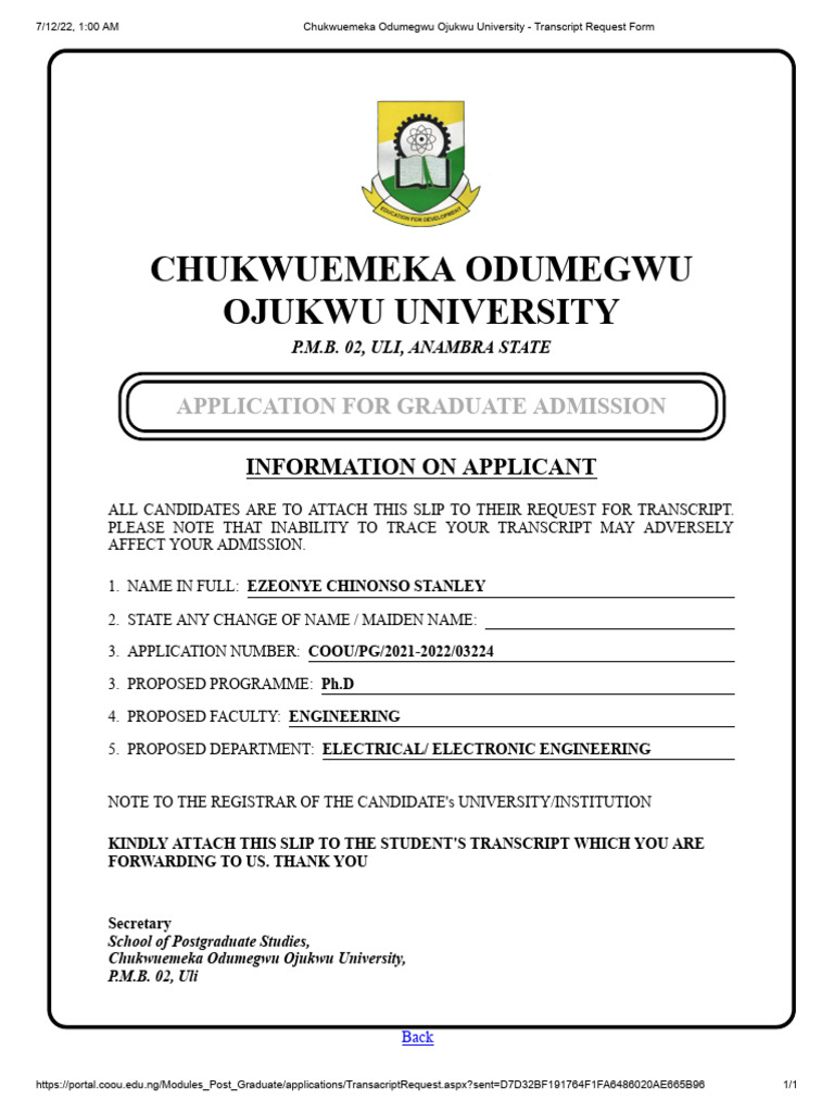 Chukwuemeka Odumegwu Ojukwu University - Transcript Request Form | PDF
