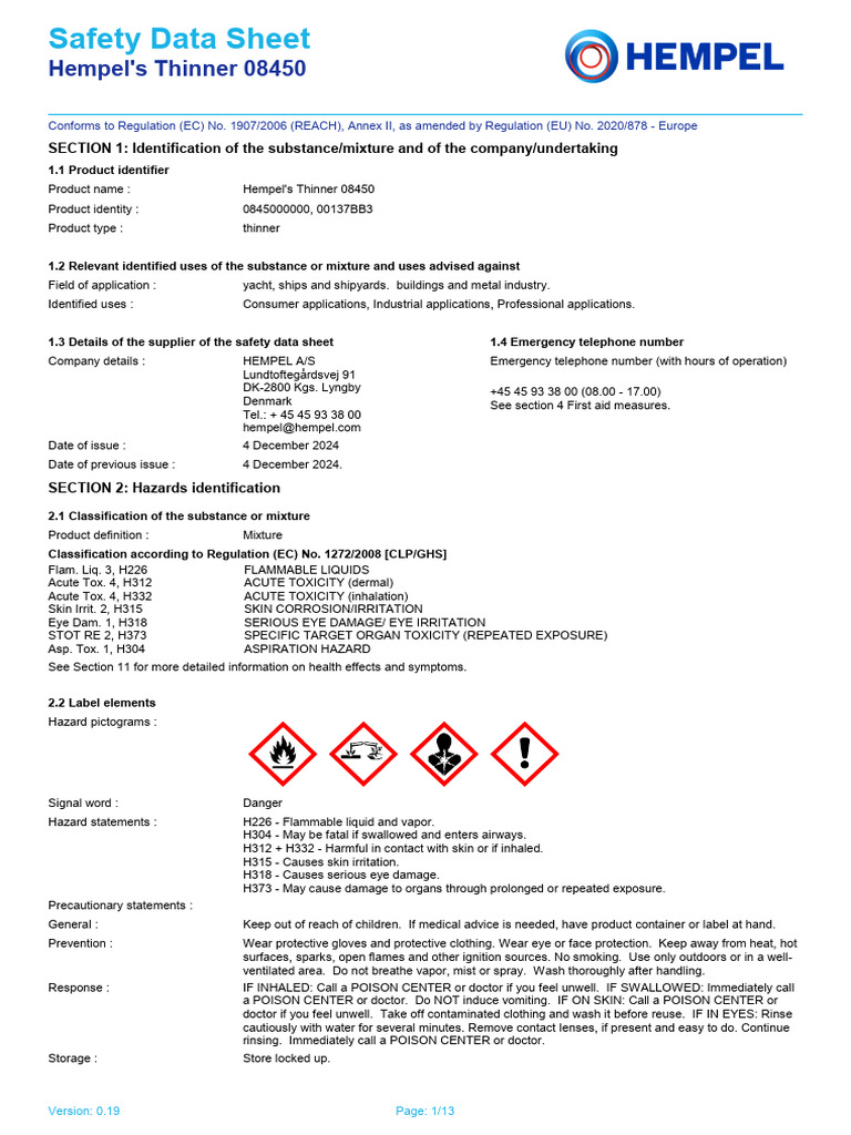 Hemples Thinner MSDS 28-12-2024 | PDF | Toxicity | Occupational Safety ...