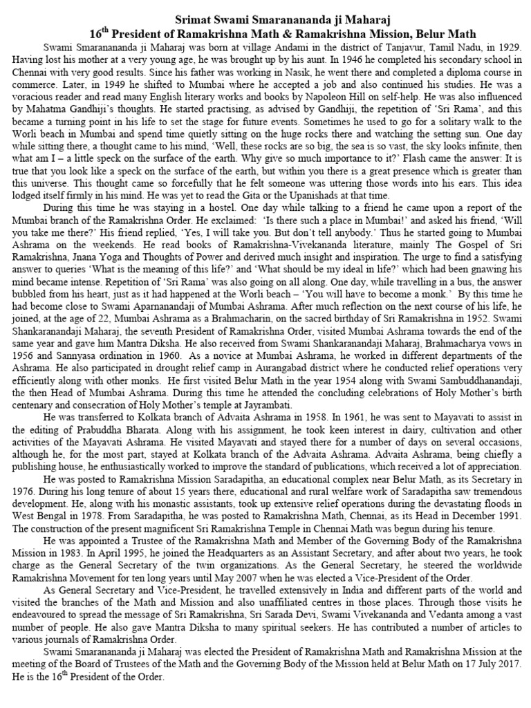 Srimat Swami Smaranananda Ji Maharaj | PDF | Ramakrishna Mission ...