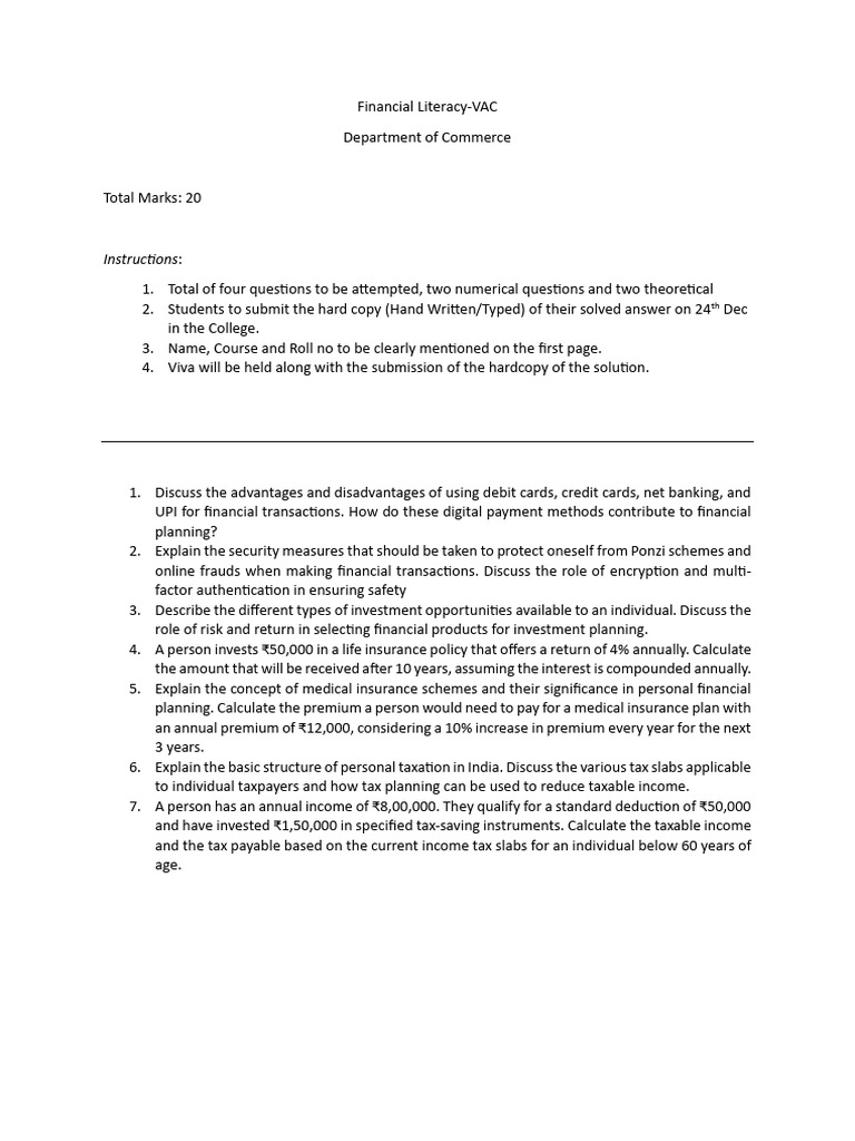 Financial Literacy Practical Question | PDF