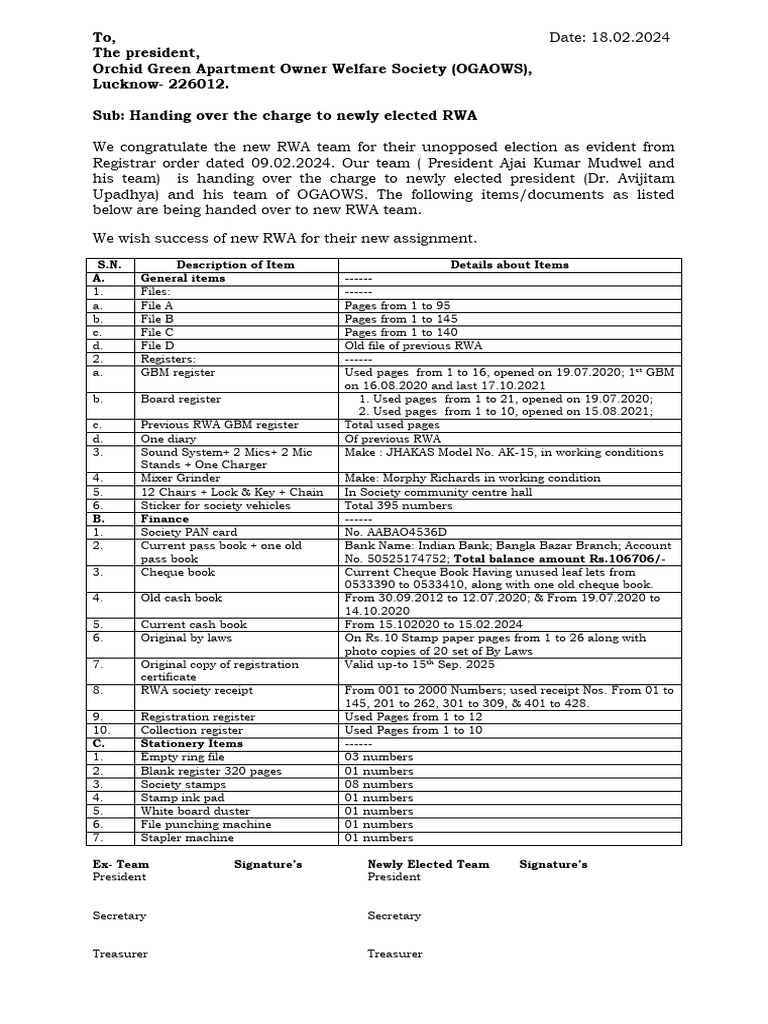 Charge Hand Over | PDF