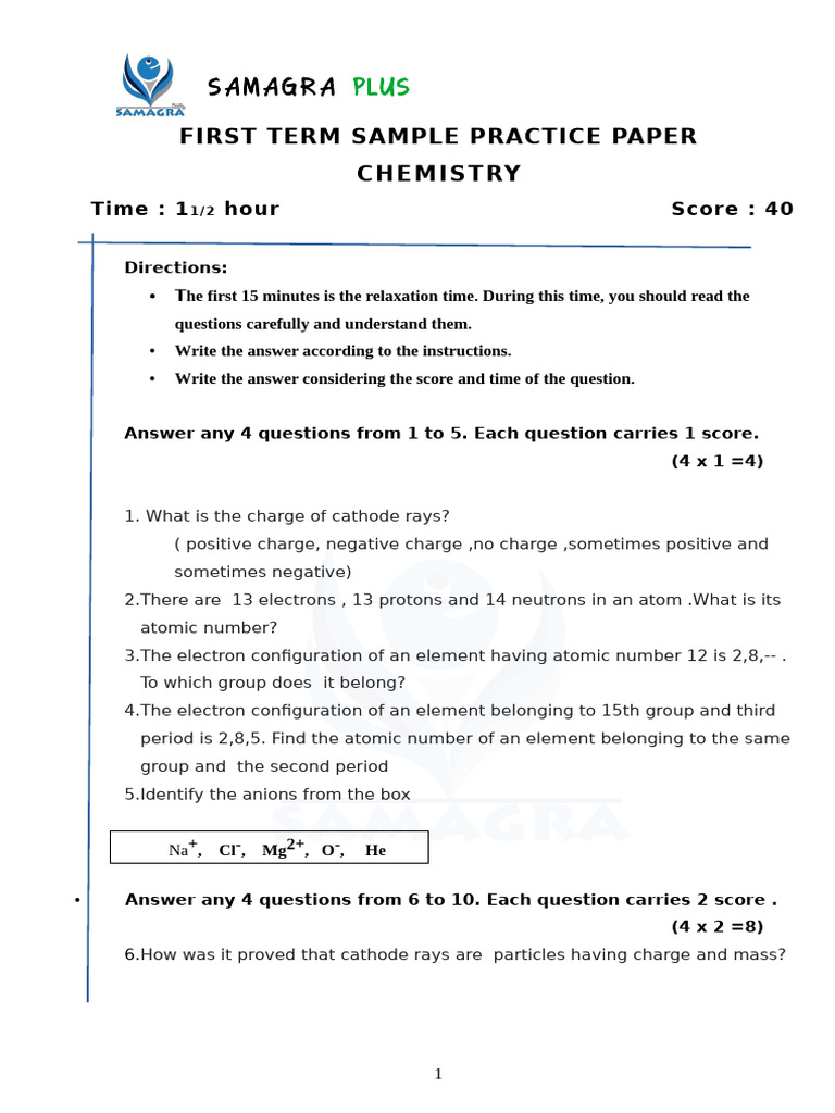 Class 9 Chemistry First Term Paper | PDF | Atoms | Chemical Elements
