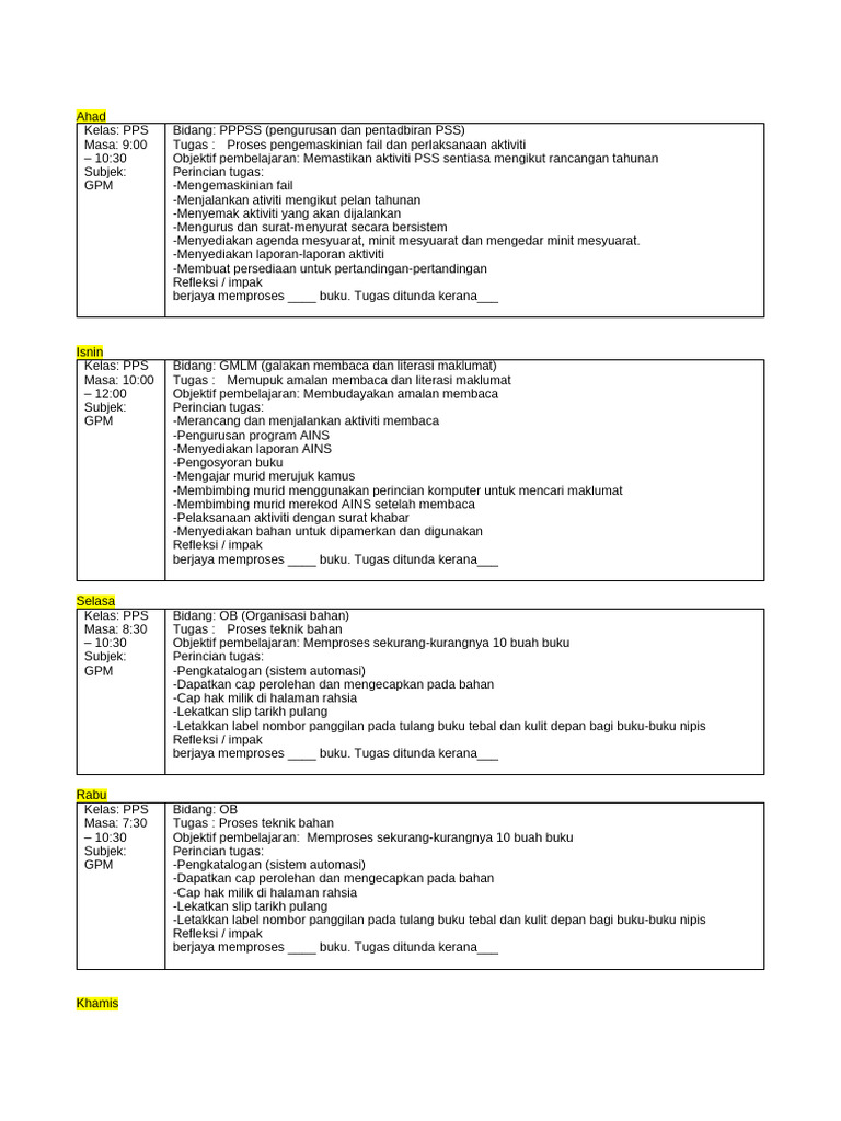 Rancangan Tugasan Harian GPM | PDF
