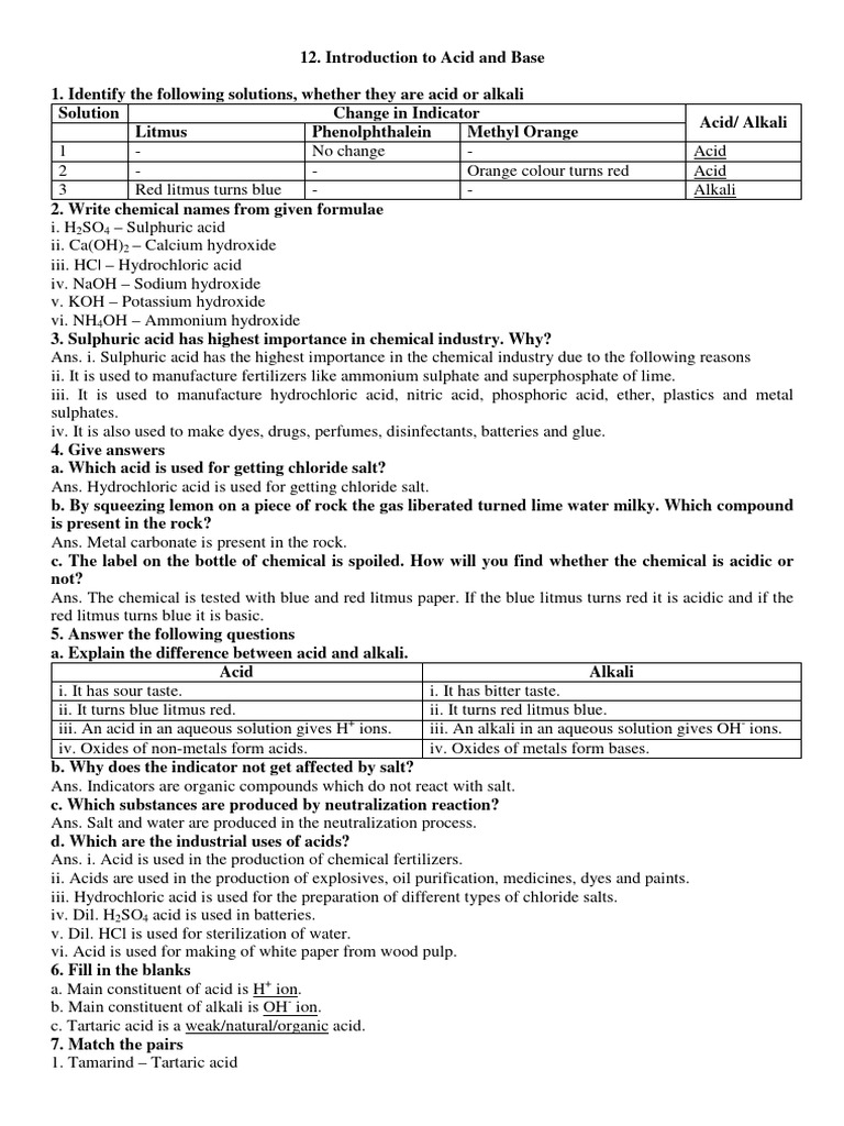 Notes STD 8 - 12 Introduction To Acid and Base | PDF | Acid | Salt ...