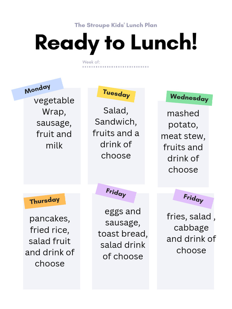 Colorful Lunch Menu Planner Menu | PDF