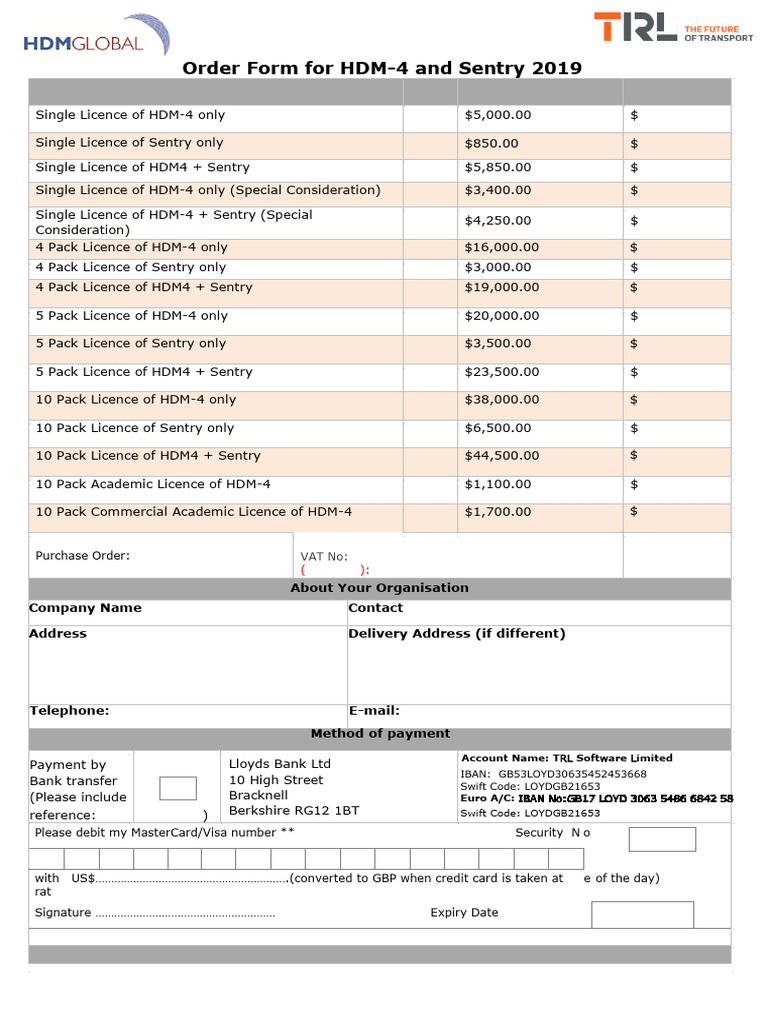 HDM4 Sentry Order Form 2020 with new bank account details | PDF ...