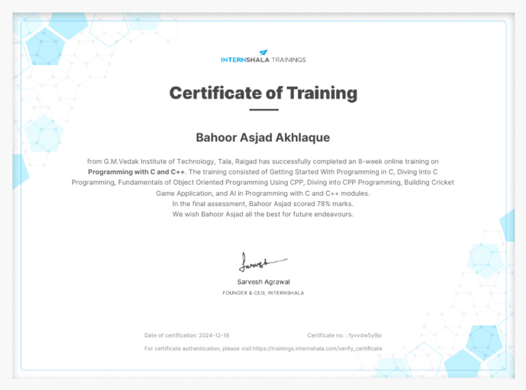 Programming With C and C++ Training - Certificate of Completion (1) | PDF