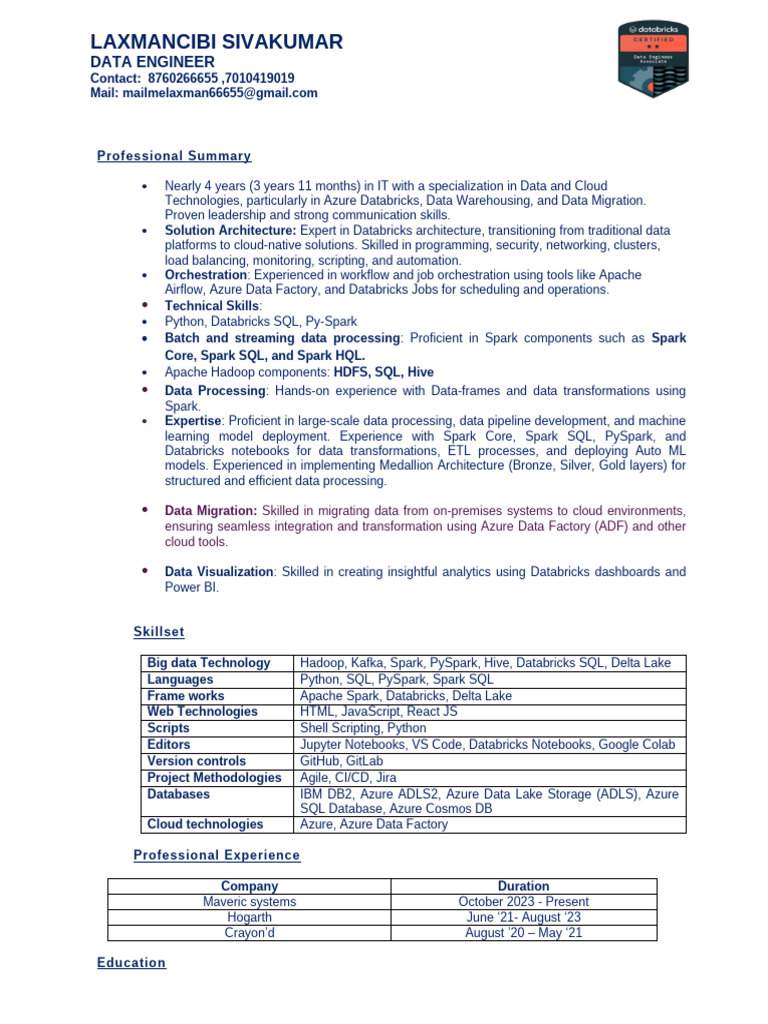 Laxmancibi Sivakumar Databricks Resume | PDF | Apache Spark | Data