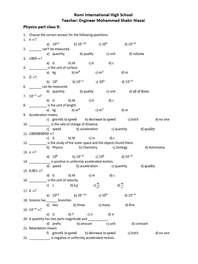 Class 9, Phy, Math, Ques | PDF | Acceleration | Quantity
