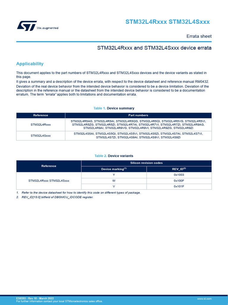 Es0393 stm32l4rxxx and stm32l4sxxx Device Errata Stmicroelectronics | PDF | Cache (Computing ...