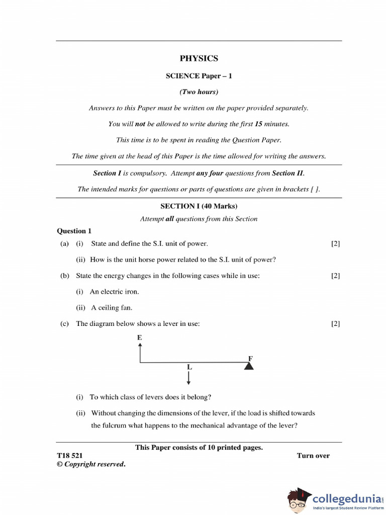 ICSE Class 10 Science Paper 1 Physics Question Paper 2018 | PDF