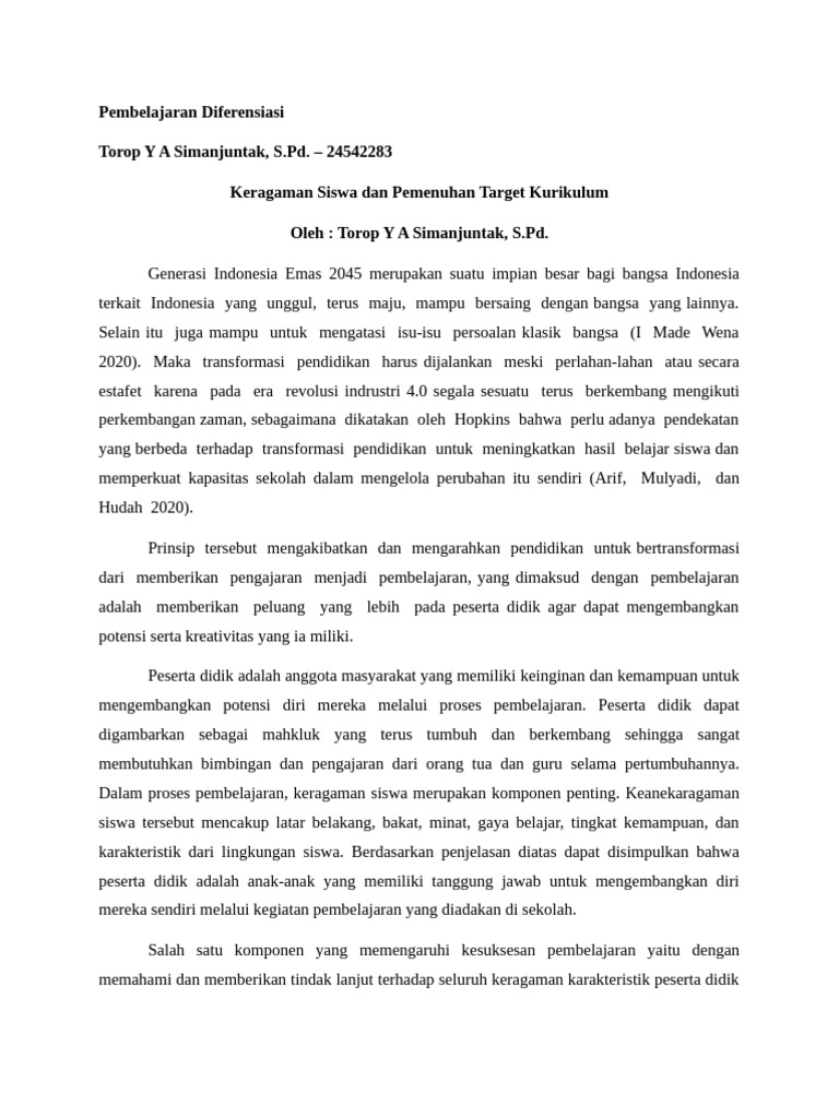 Keragaman Siswa dan Pemenuhan Target Kurikulum Torop Y A Simanjuntak | PDF
