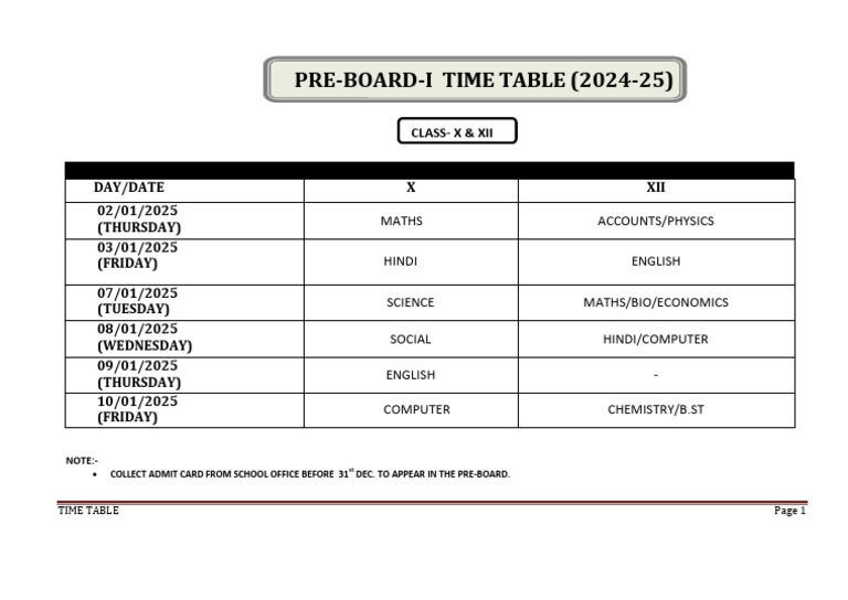 PRE-BOARD TIME TABLE (2024)-1 | PDF