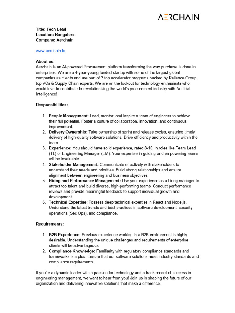 Job Description - Tech Lead | PDF | Procurement | Business