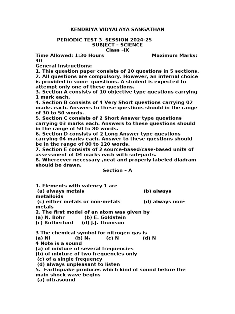Pt 3 Sample Paper 3 Class 9 2023-24 | PDF | Atoms | Physical Chemistry