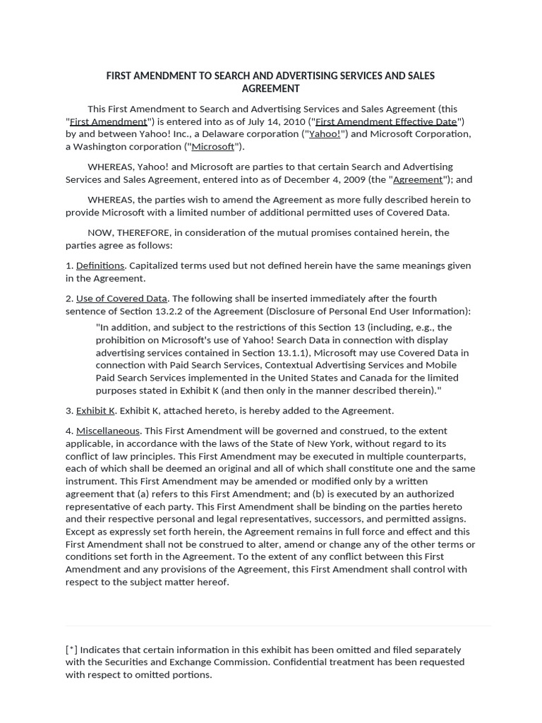 Advertising Services and Sales Agreement [Amendment No. 1] - Yahoo! Inc. and Microsoft Corp. (1 ...