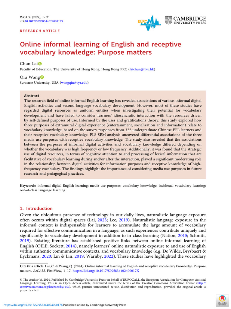 Online Informal Learning of English and Receptive Vocabulary Knowledge ...