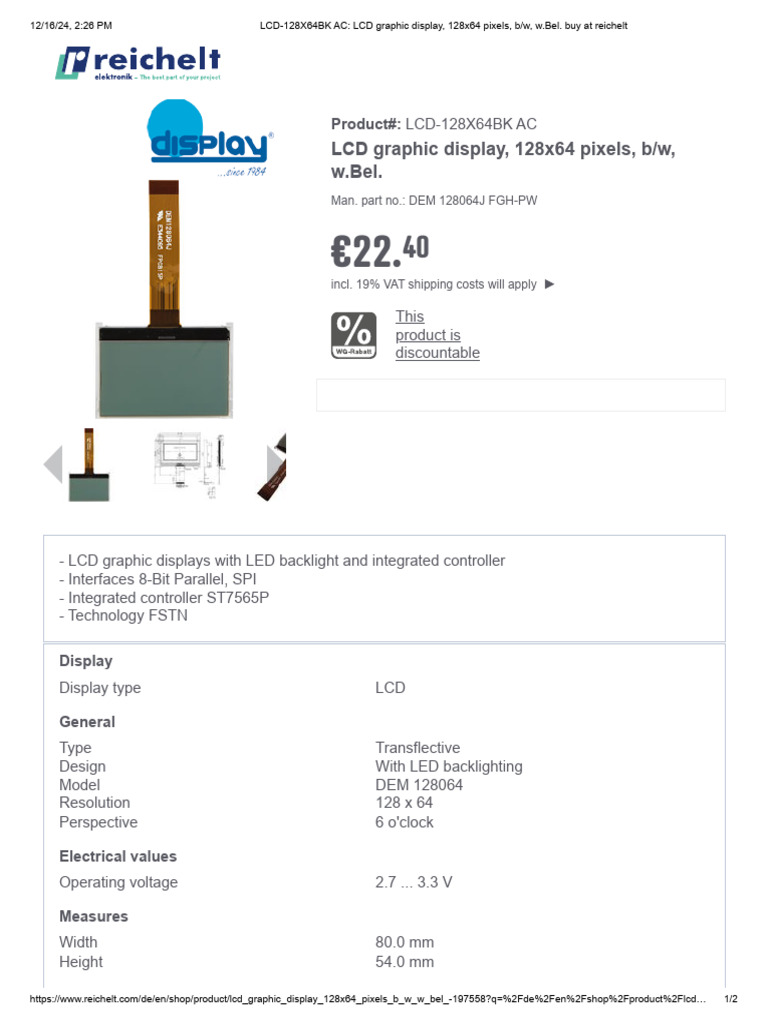 LCD-128X64BK AC - LCD Graphic Display, 128x64 Pixels, B - W, W.bel. Buy ...