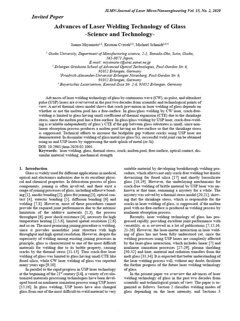 2020 Advances in Laser Welding of Glass | PDF | Construction | Welding