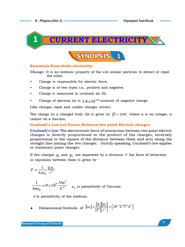 NARAYANA OLYMPIAD PHYSICS Chapter 1 Electricity (Class X) | PDF | Electrical Resistivity And ...