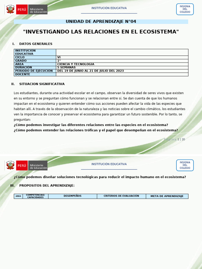 CYT 1° - UNIDAD DE APRENDIZAJE 04 | PDF | Ecosistema | Aprendizaje