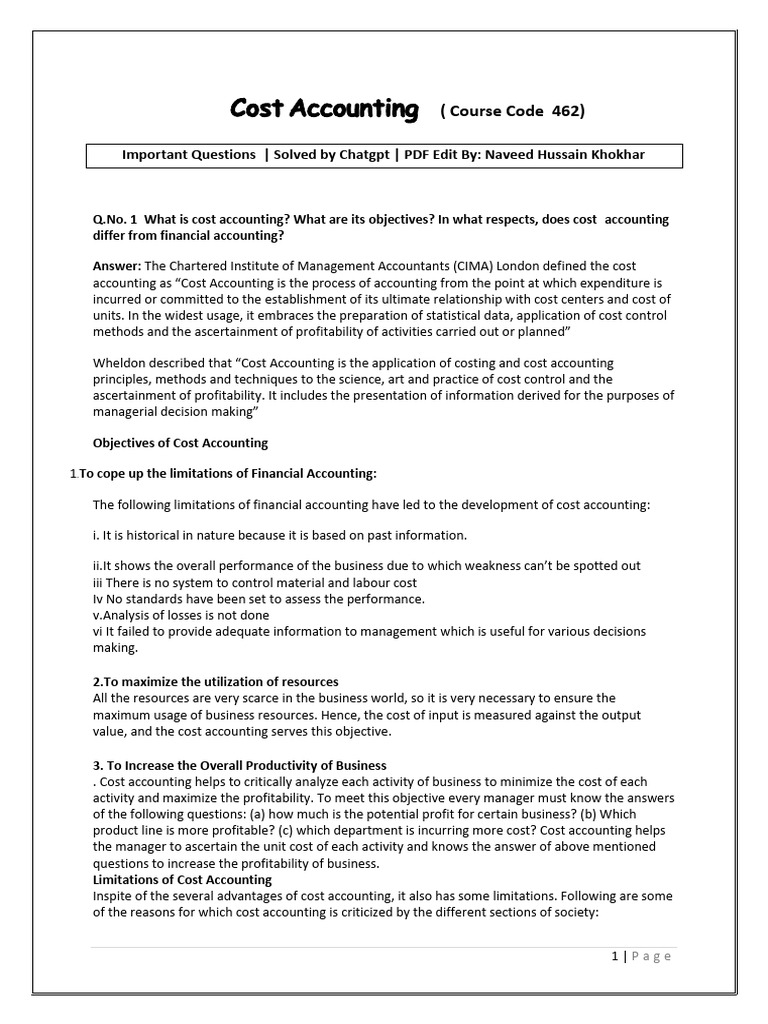 Aiou Cost Accounting 462 Important Questions Pdf Turnover