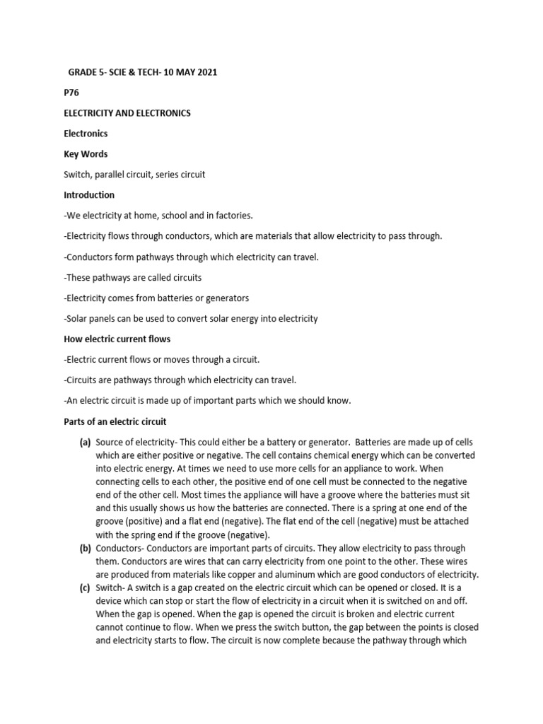Grade 5: Basics of Electricity | PDF | Electricity | Electric Current