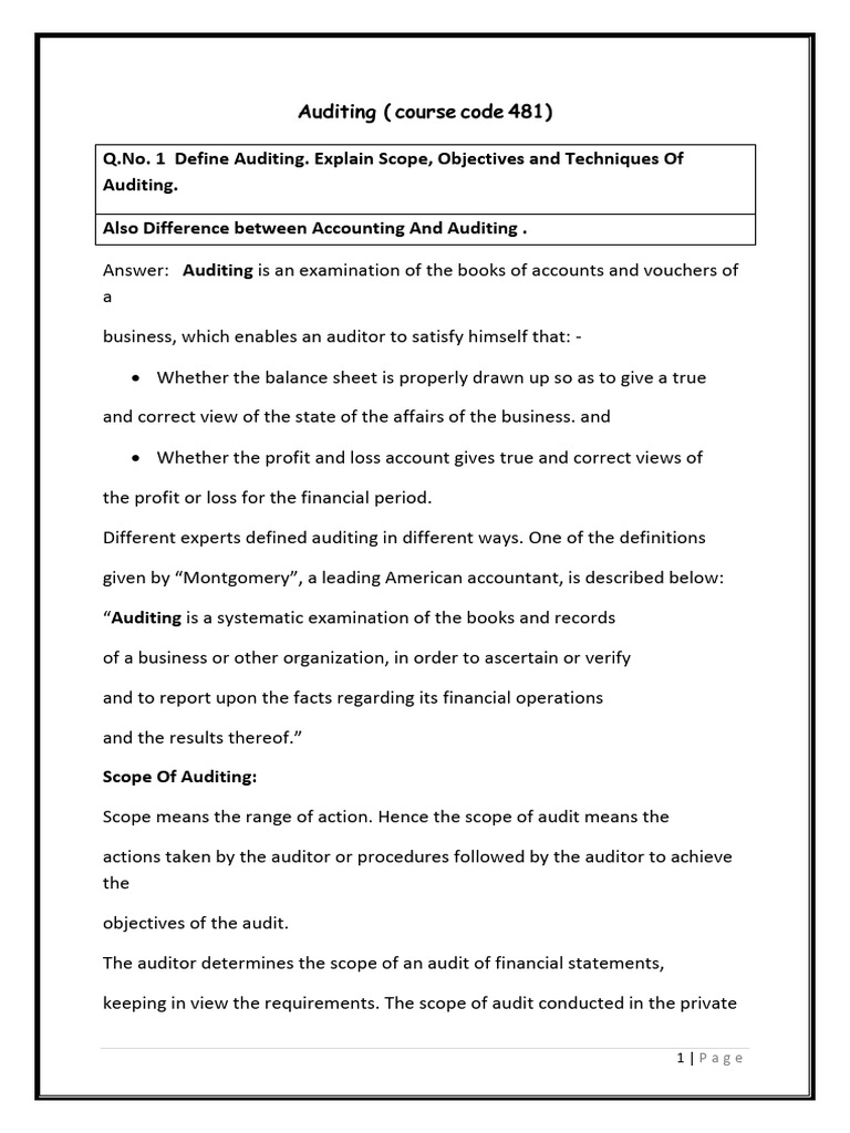 Aiou Auditing 481 Important Questions | PDF | Audit | Expense