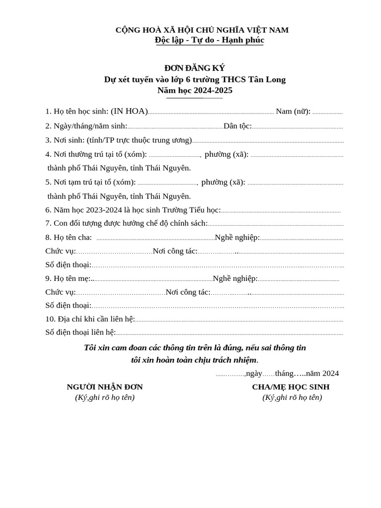 Mau Don Du Tuyen Vao Lop 6 | PDF