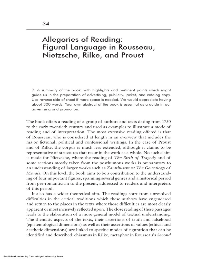 Allegories of Reading Figural Language in Rousseau Nietzsche Rilke and ...