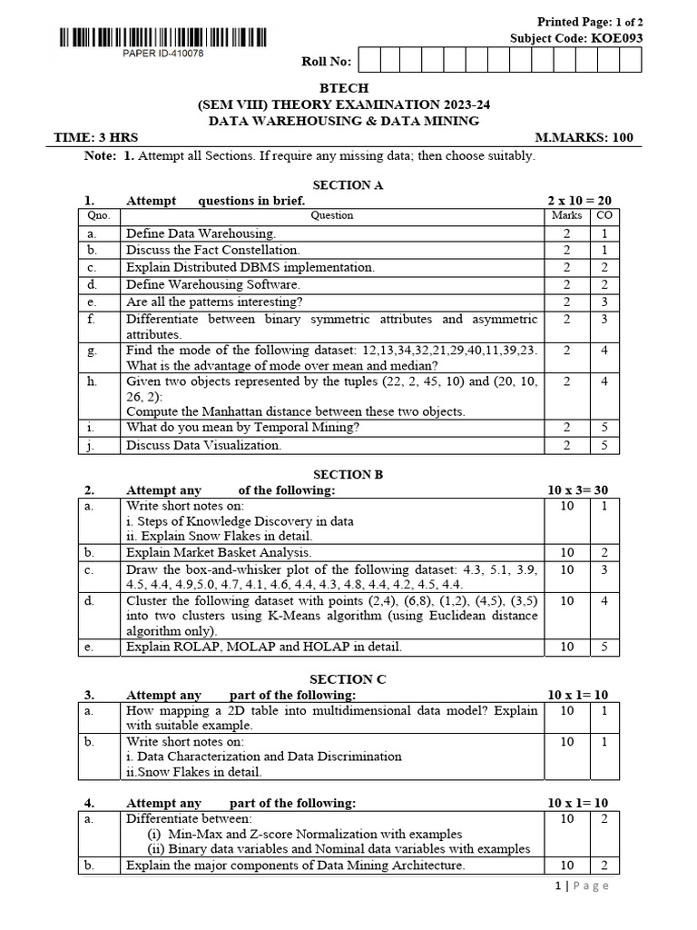 Data Warehousing & Mining Exam Paper | PDF | Data | Cluster Analysis