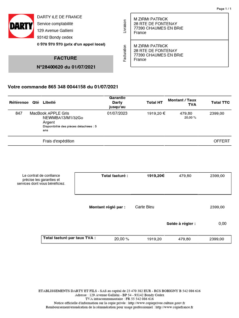 Facture Darty pour MacBook 01/07/2021 | PDF | Taxe sur la valeur ...