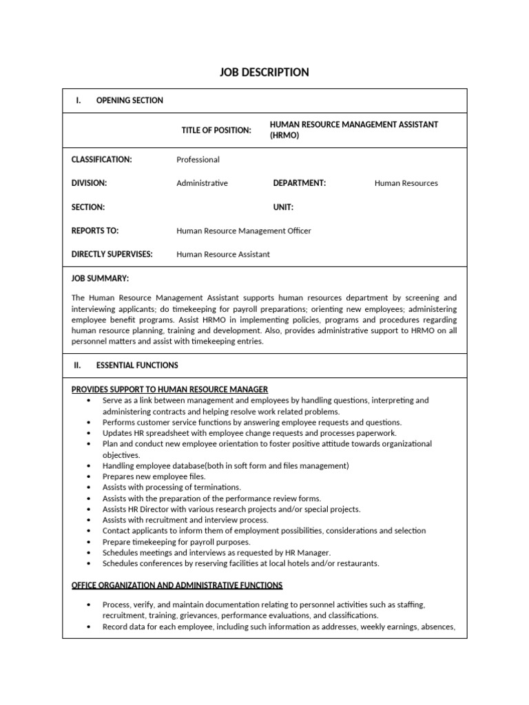 Job Description HR Assistant or Staff | PDF | Human Resources | Human ...