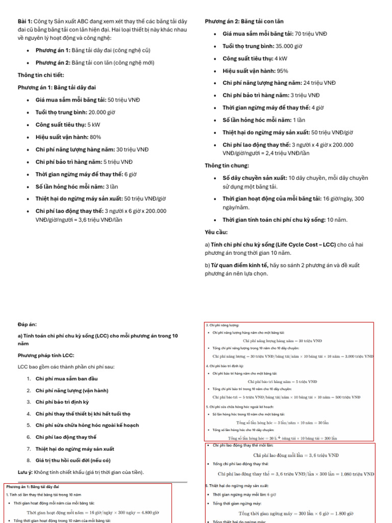 Bài tập Chi phí Chu kỳ sống - LCC | PDF