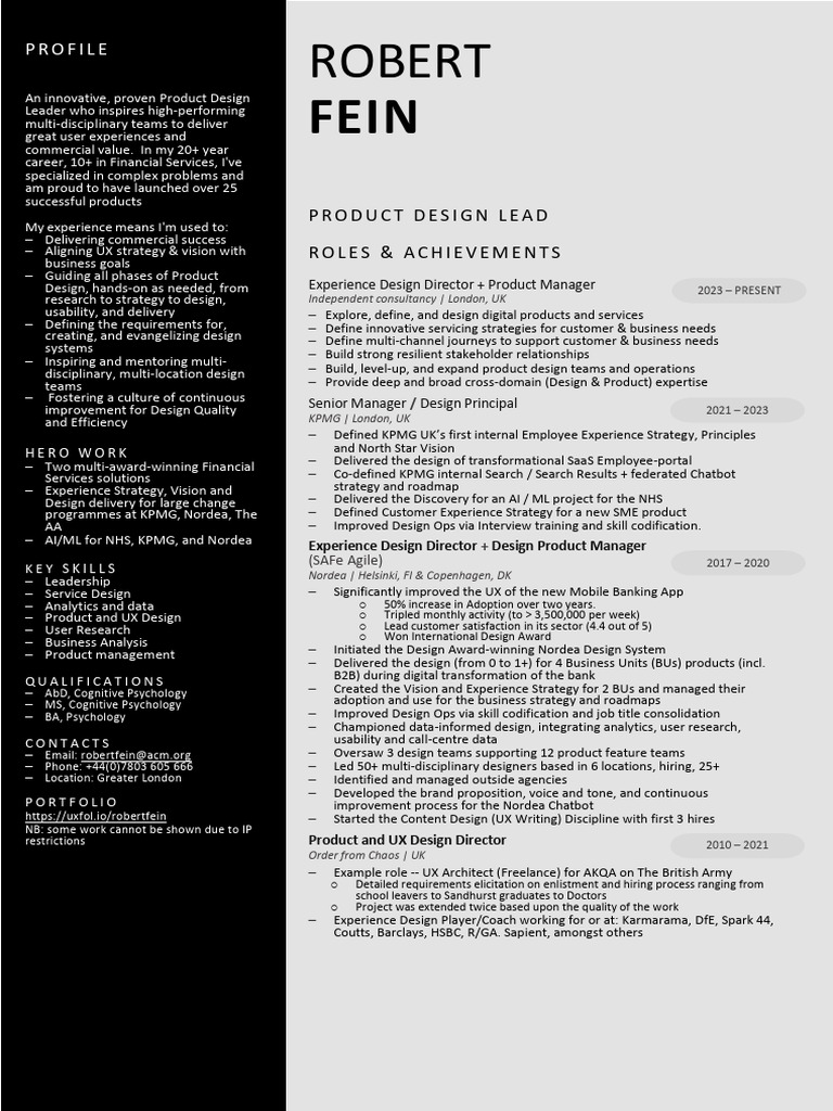 Robert Fein CV Product Design Lead Natwest 2024 | PDF | Human Communication | Computing