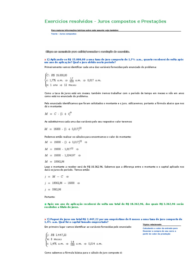 Juros Compostos - Exercícios Resolvidos - Matemática Didática | PDF | Juros | Cálculo