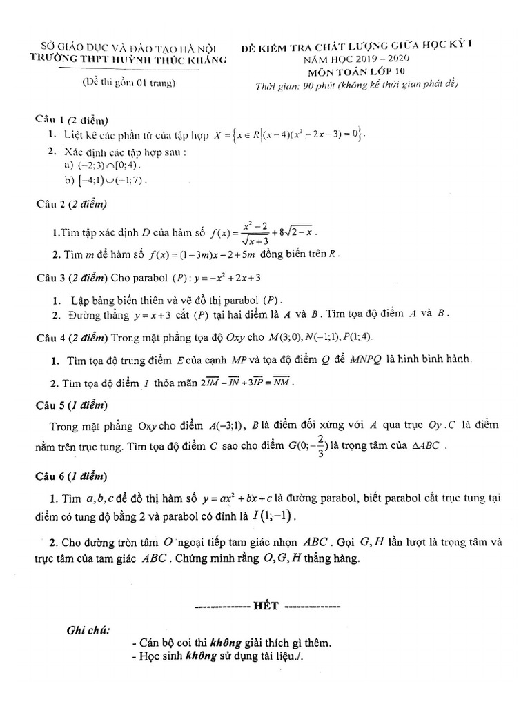 De Kiem Tra Giua hk1 Toan 10 Nam 2019 2020 Truong Huynh Thuc Khang Ha Noi | PDF