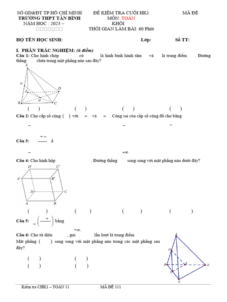 De Cuoi Hk1 Toan 11 Nam 2023 2024 Truong Thpt Tan Binh Tp Hcm | PDF