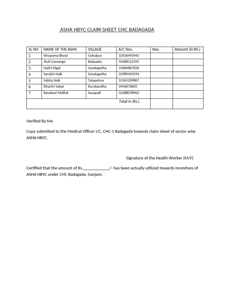 Asha HBNC Claim Sheet CHC Badagada | PDF